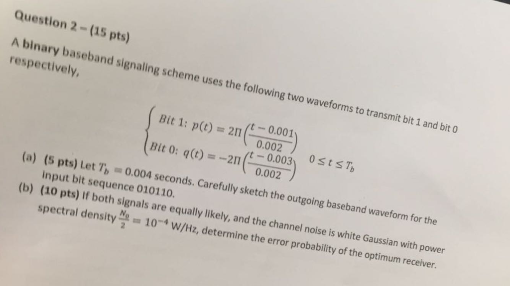 Solved Question 2-(15 pts) A binary baseband signaling | Chegg.com