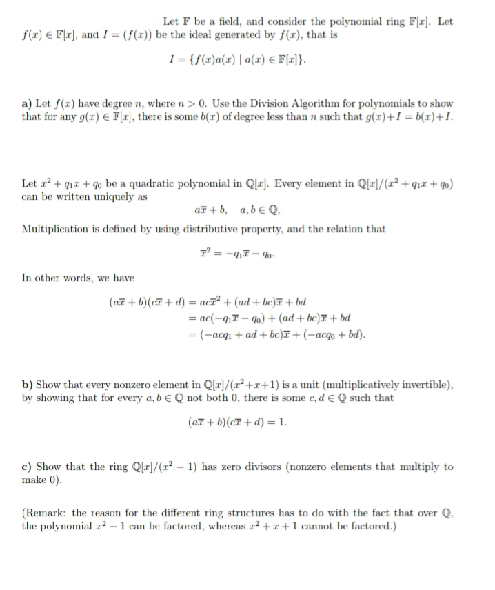 Solved Let F be a field, and consider the polynomial ring | Chegg.com