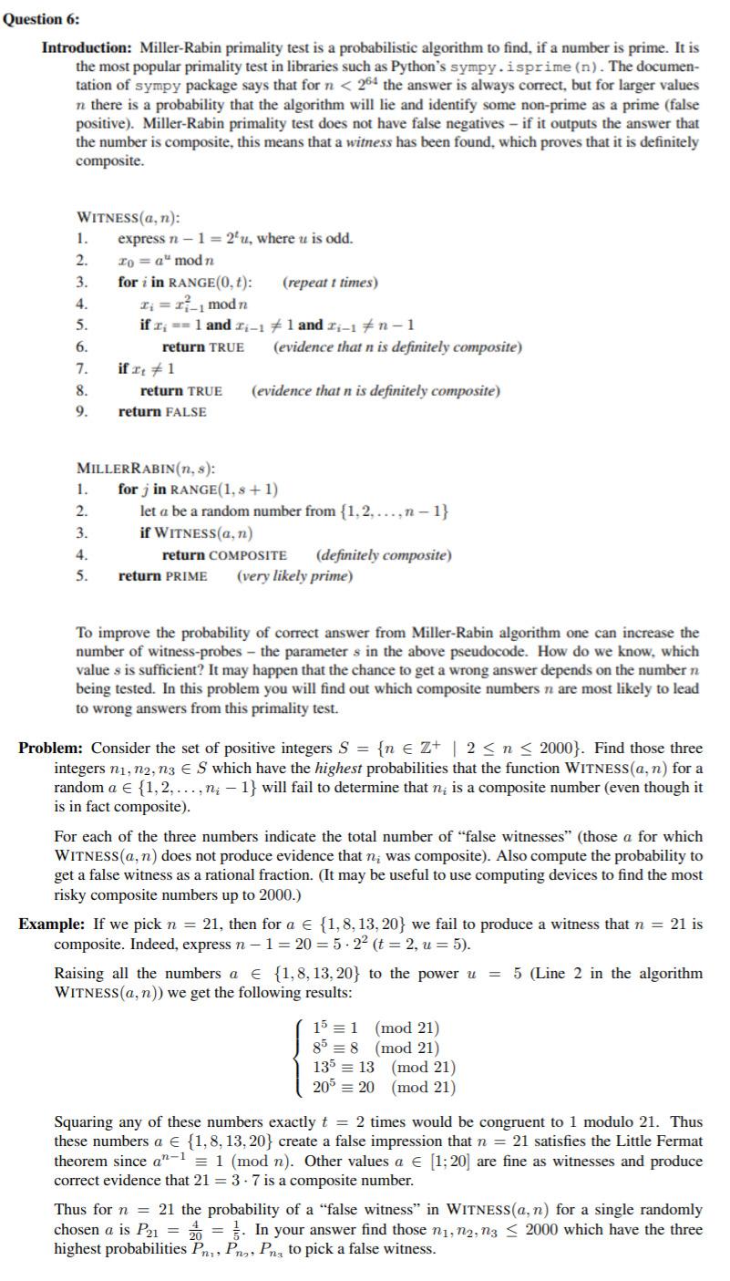 Question 6: Introduction: Miller-Rabin primality test | Chegg.com
