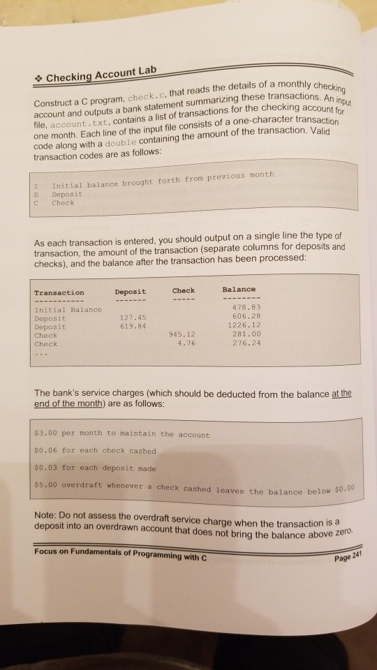 Solved Checking Account Lab monthly checking ansactions. An | Chegg.com