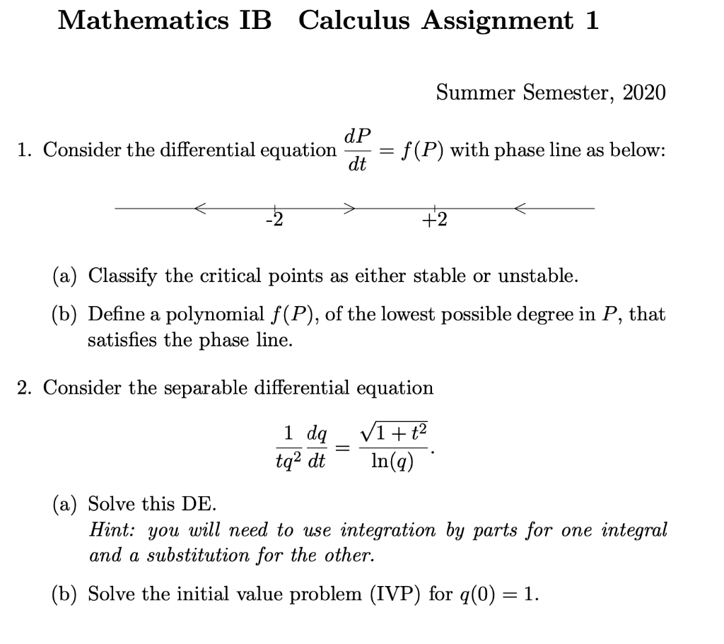 Solved Mathematics IB Calculus Assignment 1 Summer Semester, | Chegg.com