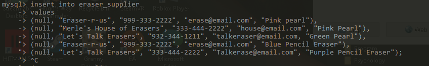 Solved mysql> insert into eraser_supplier → values -> (nu11, | Chegg.com