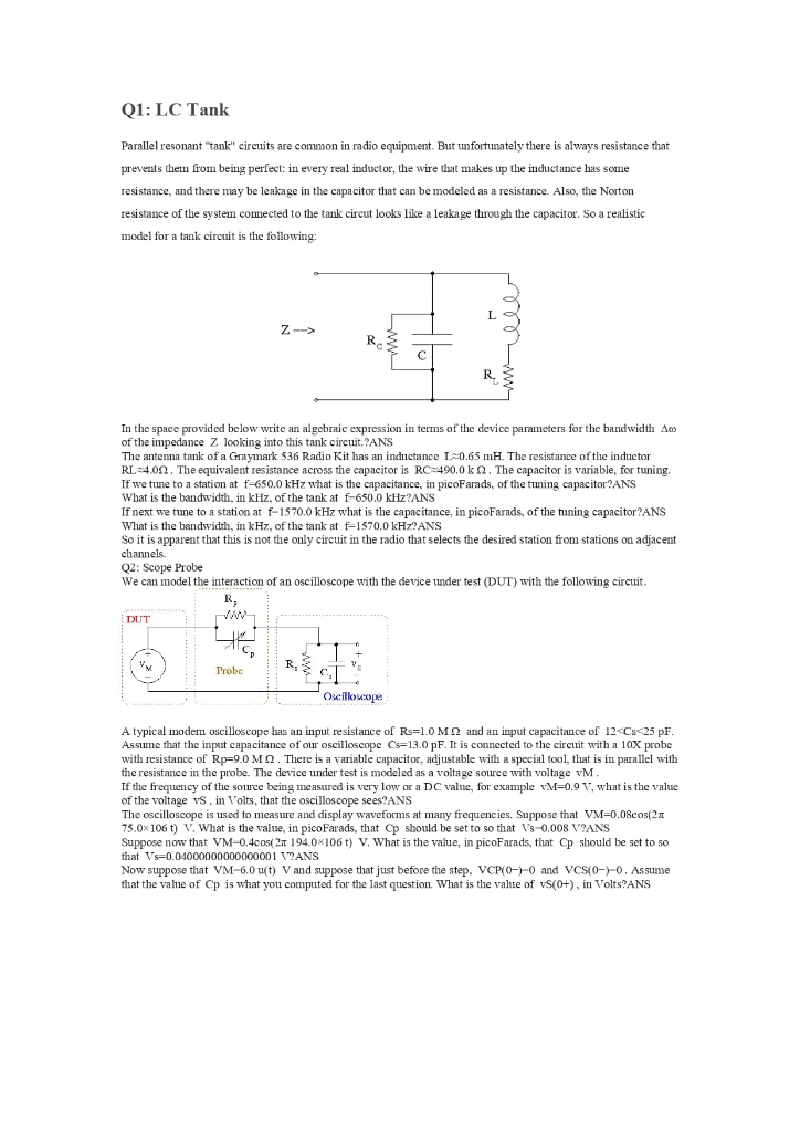 Q1: LC Tank Parallel resonant "tank" circuits are | Chegg.com