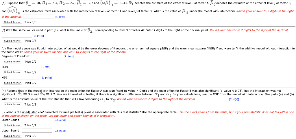 Solved (15 total pt(s)] A two-way analysis of variance model | Chegg.com