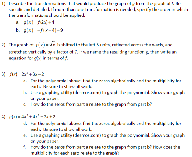 Solved 1) Describe the transformations that would produce | Chegg.com