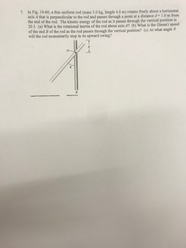 Solved 7. In Fig. 10-60, a thin uniform rod (mass 3.0 kg, | Chegg.com