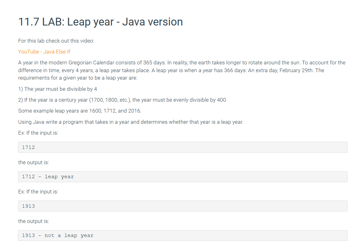 11.7 LAB: Leap year - Java version For this lab check | Chegg.com
