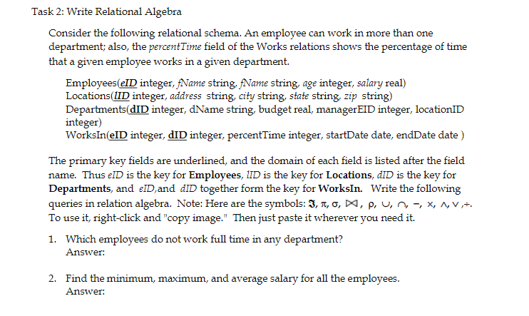 Solved Task 2: Write Relational Algebra Consider the | Chegg.com Solved Task 2: Write Relational Algebra Consider the | Chegg.com