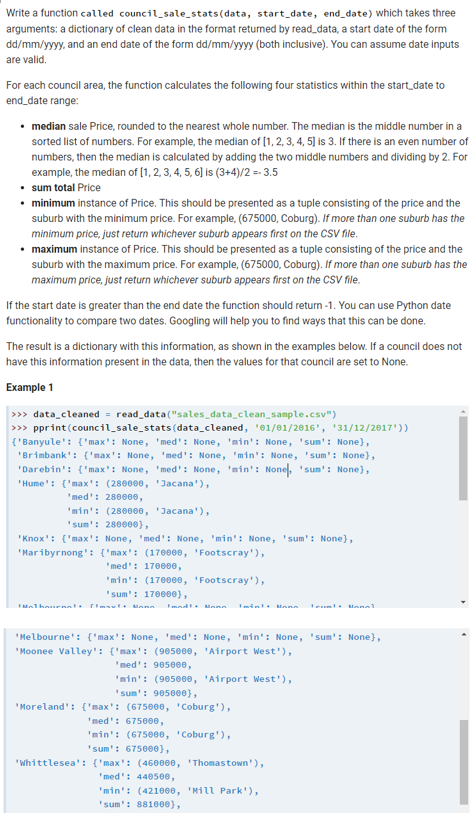 Solved Write a function called council_sale_stats (data, | Chegg.com