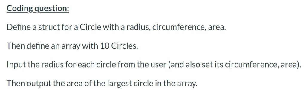 Solved Coding Question Define Struct Circle Radius Circumference Area Define Array 10