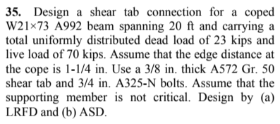 Solved 38. Repeat Problem 35 using an A36 shear tab and | Chegg.com