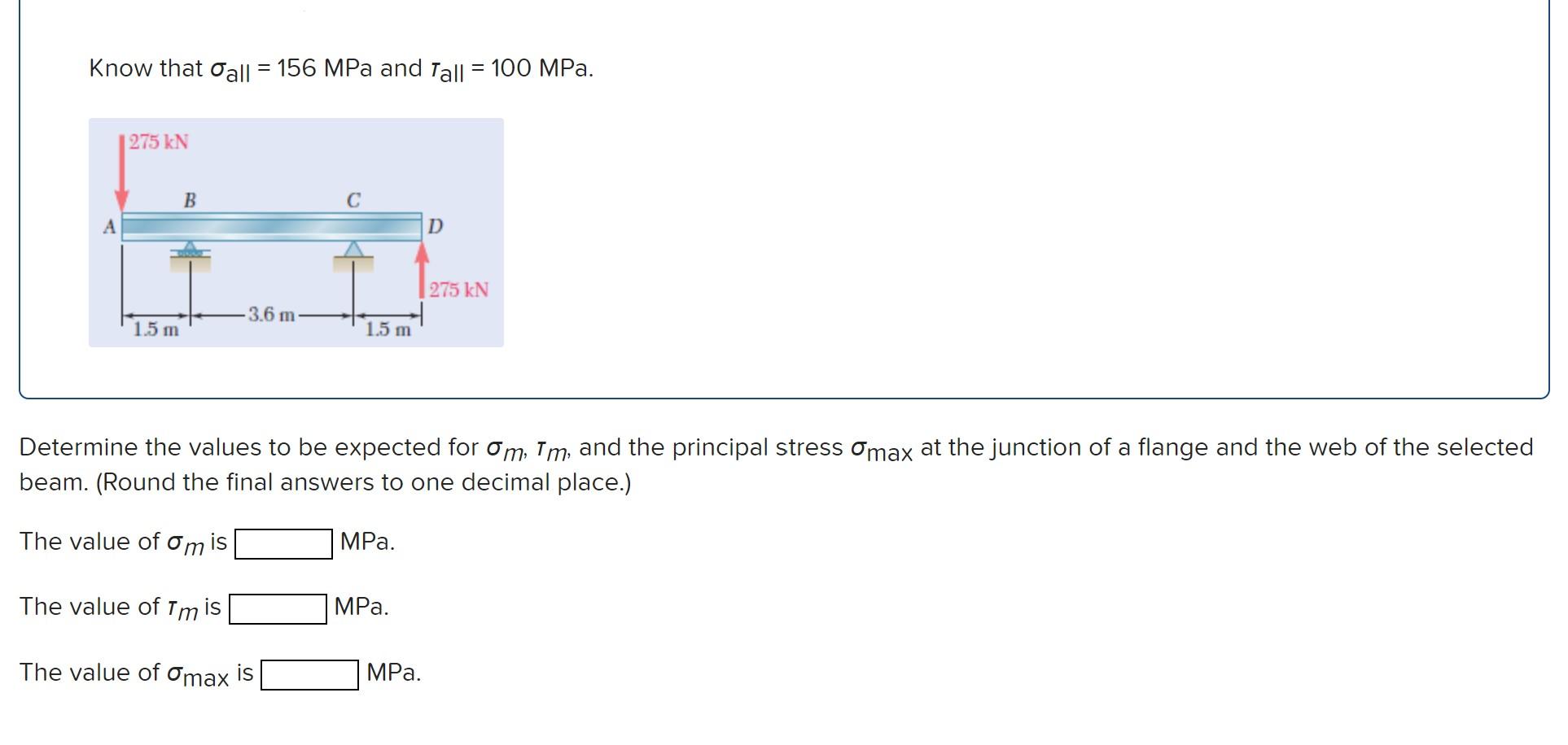 Solved Know that all = 156 MPa and Tall = 100 MPa. 1275 kN B | Chegg.com