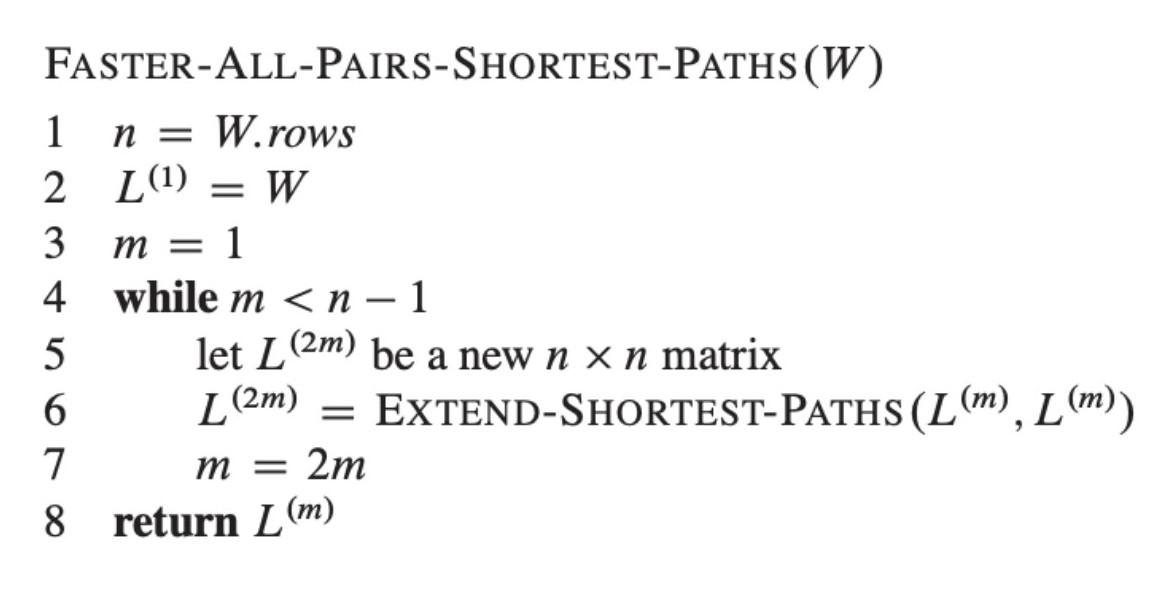 Solved - FASTER-ALL-PAIRS-SHORTEST-PATHS(W) 1 n = W.rows 2 | Chegg.com