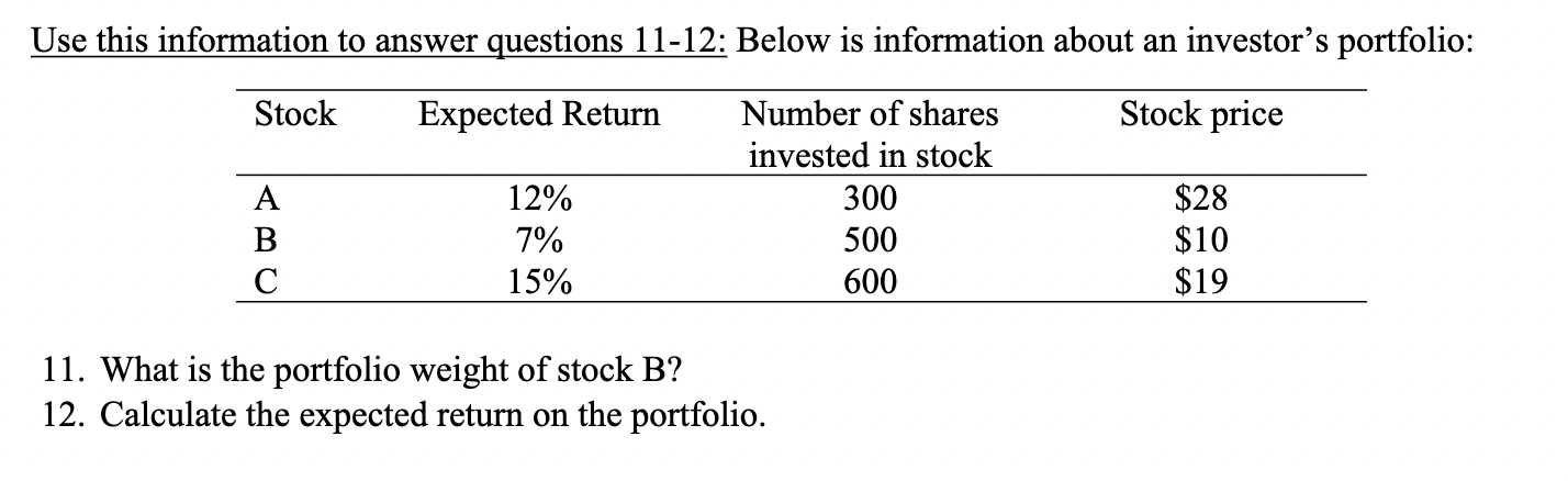 Solved 11. What is the portfolio weight of stock B? 12. | Chegg.com