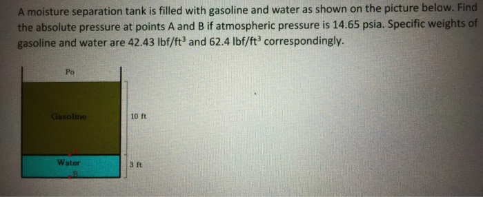 Solved A moisture separation tank is filled with gasoline | Chegg.com