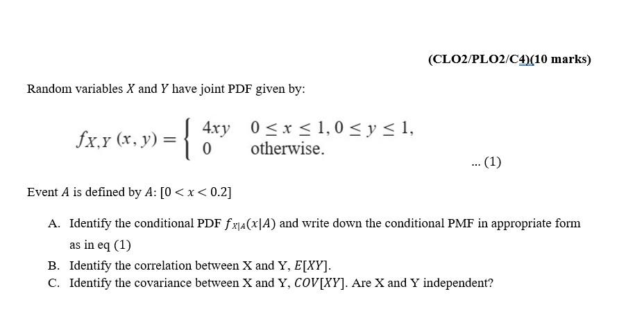 Solved Clo2plo2c410 Marks Random Variables X And Y 7530