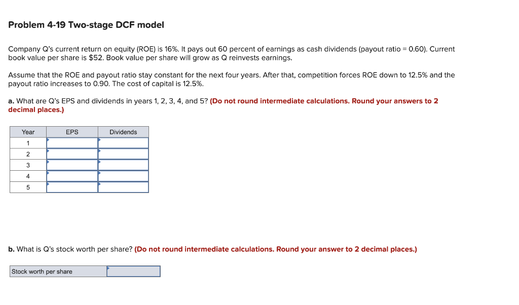 Solved Problem 4-19 Two-stage DCF model Company Q's current | Chegg.com