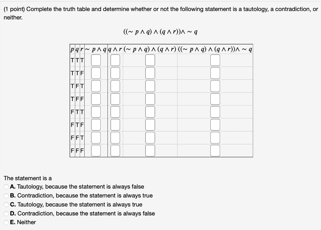 Solved (1 point) Complete the truth table and determine | Chegg.com
