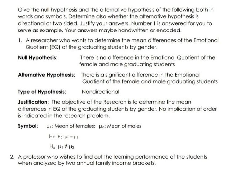 Solved Give the null hypothesis and the alternative | Chegg.com