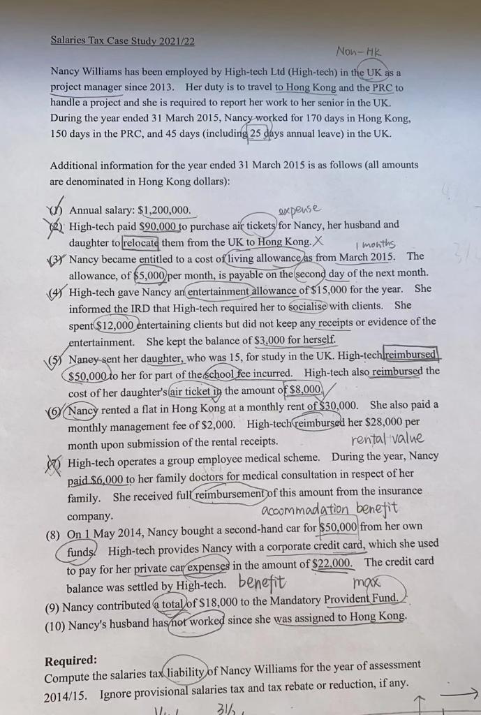 Salaries Tax Case Study 2021/22 Non-Hk Nancy Williams | Chegg.com