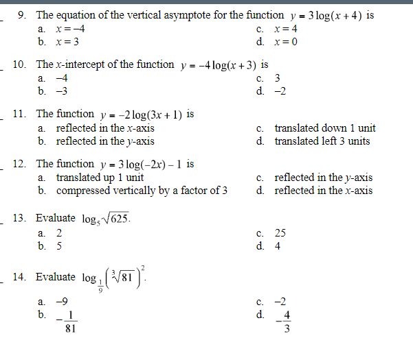 Solved 9. The equation of the vertical asymptote for the | Chegg.com
