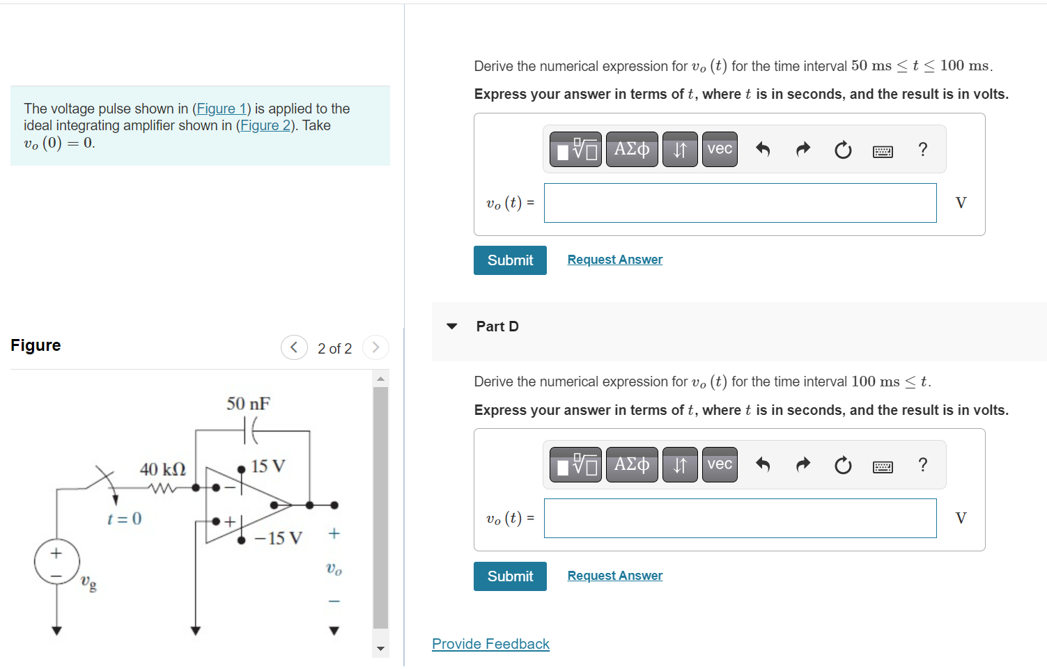 Solved The voltage pulse shown in ideal integrating | Chegg.com
