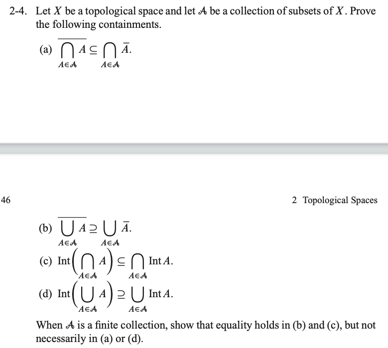 Solved 2 4 Let X Be A Topological Space And Let A Be A