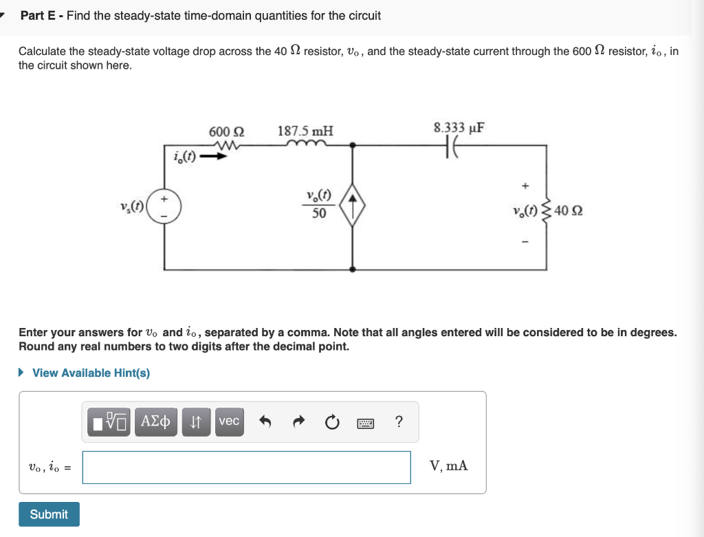 Solved Part E - Find the steady-state time-domain quantities | Chegg.com