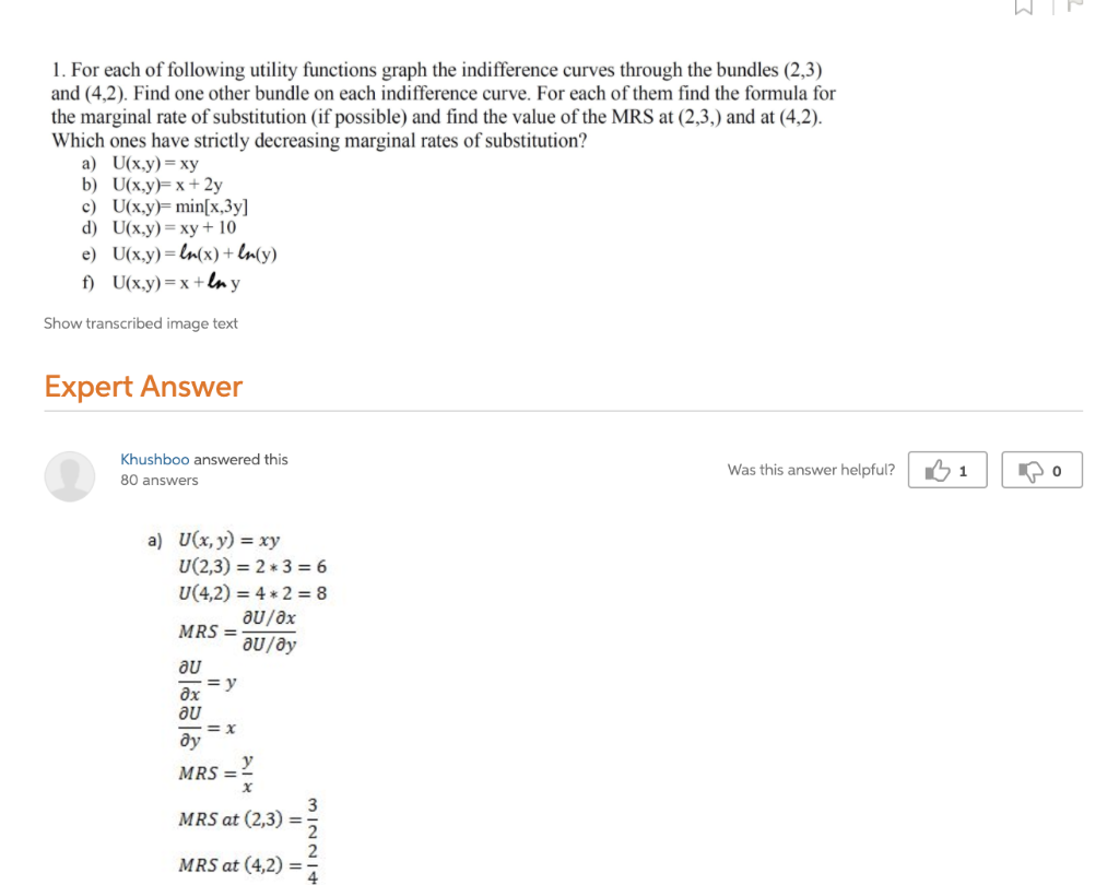 Solved 1. For each of following utility functions graph the | Chegg.com