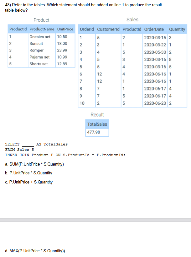 Solved 44) Refer to the tables. The Product's Quantity | Chegg.com