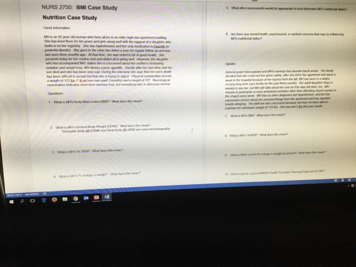 NURS 2750: BMI Case Study Nutrition Case Study Cleent | Chegg.com