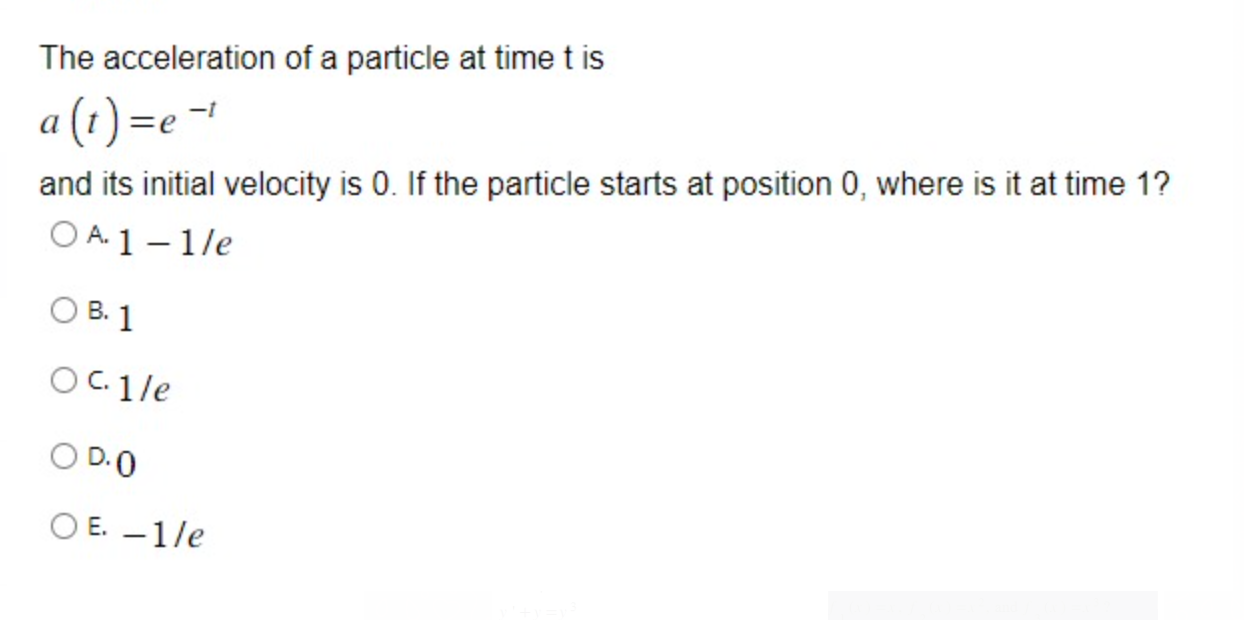 Solved The acceleration of a particle at time t is a(t)=e−t | Chegg.com