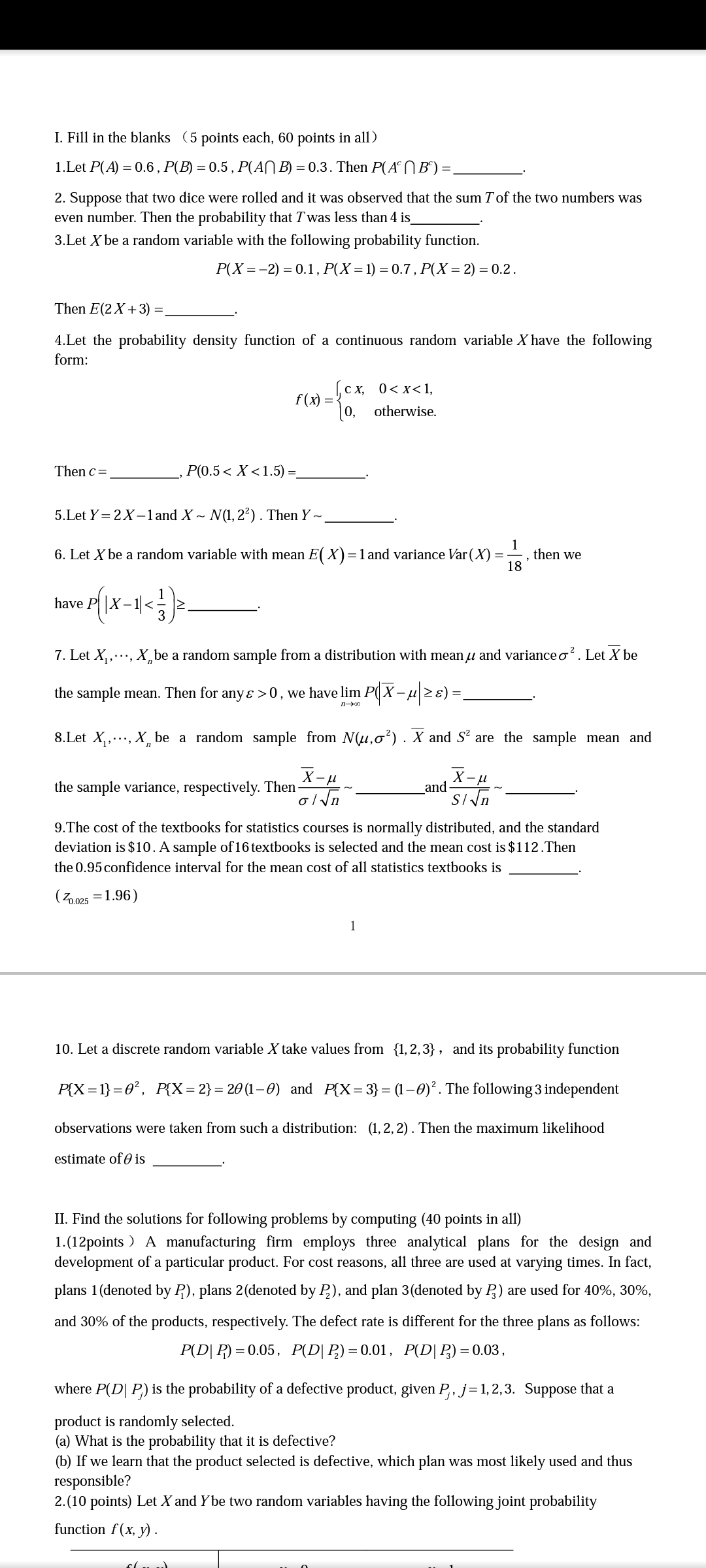 Solved I. Fill in the blanks ( 5 points each, 60 points in | Chegg.com
