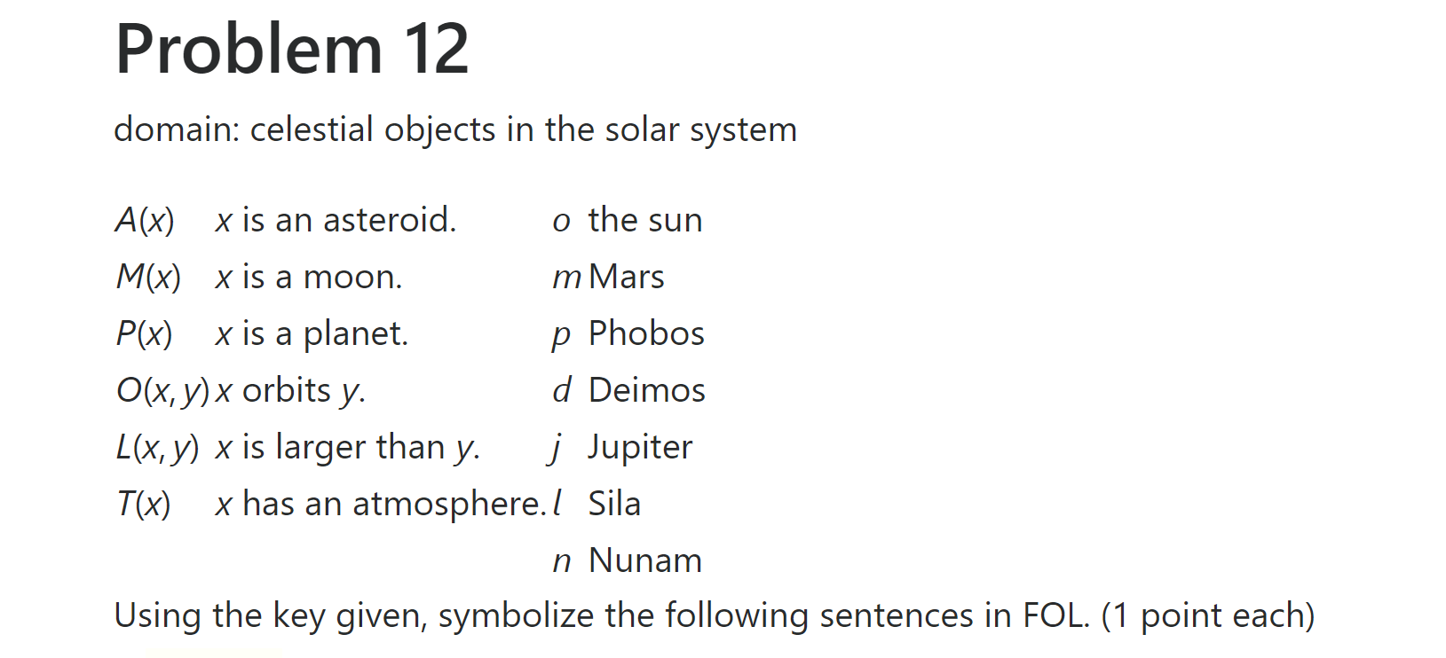 Solved Problem 12 domain: celestial objects in the solar | Chegg.com