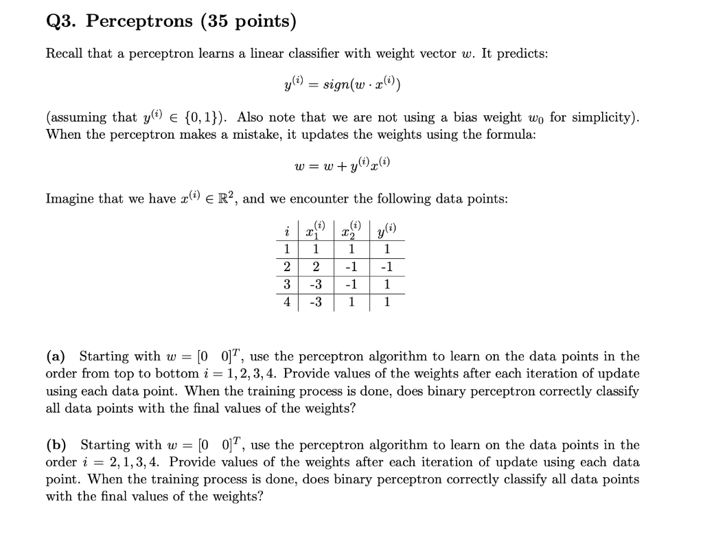 Solved Q3 Perceptrons 35 Points Recall That A Perceptron 