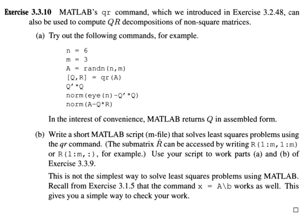 Exercise 3.3.10 MATLAB's qr command, which we | Chegg.com
