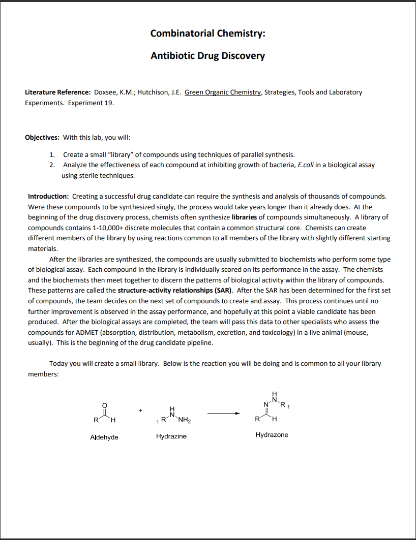 Solved Combinatorial Chemistry: Antibiotic Drug Discovery | Chegg.com