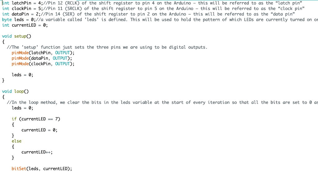 Solved lint latchPin = 4;//Pin 12 (RCLK) of the shift | Chegg.com