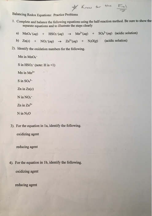 Solved Balancing Redox Equations; please answer questions 1. | Chegg.com