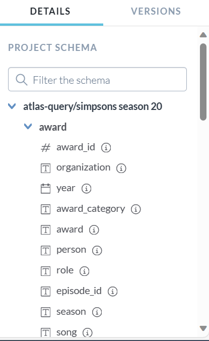 Solved DETAILS VERSIONS ROJECT SCHEMA atlas-query/simpsons | Chegg.com
