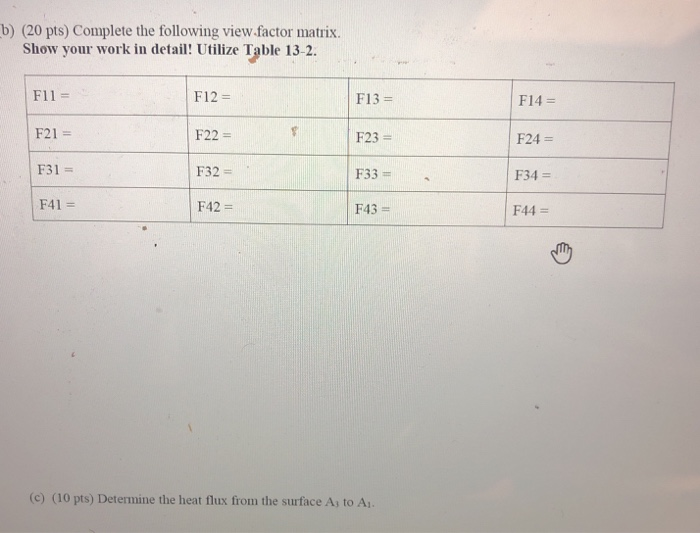 Solved b) (20 pts) Complete the following view.factor | Chegg.com