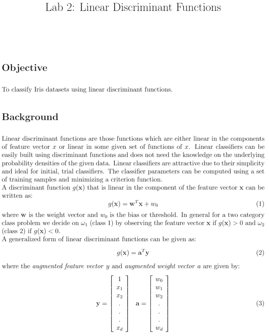 Lab 2: Linear Discriminant Functions Objective To | Chegg.com