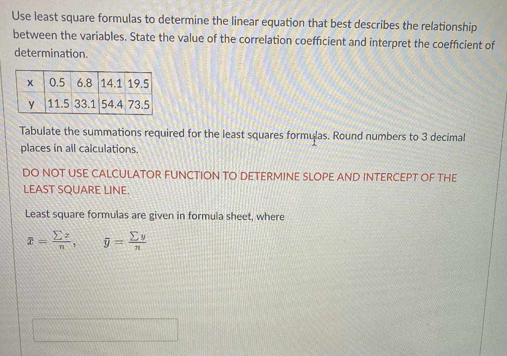 Solved Use least square formulas to determine the linear | Chegg.com