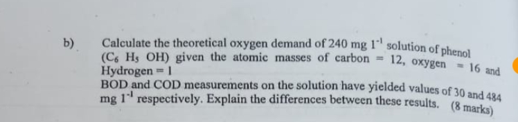 Solved b) Calculate the theoretical oxygen demand of 240 mg | Chegg.com