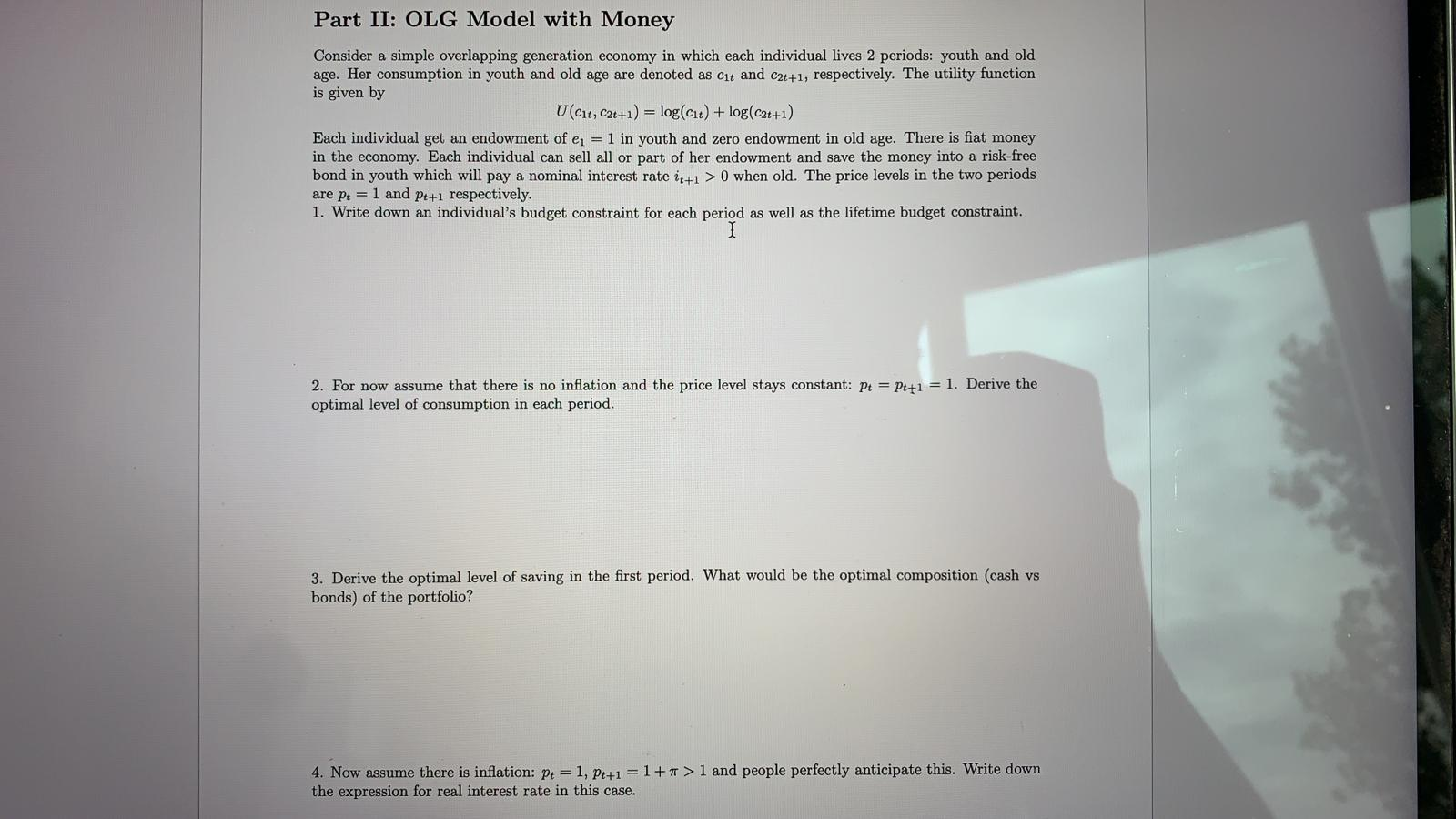 Part II: OLG Model with Money Consider a simple | Chegg.com