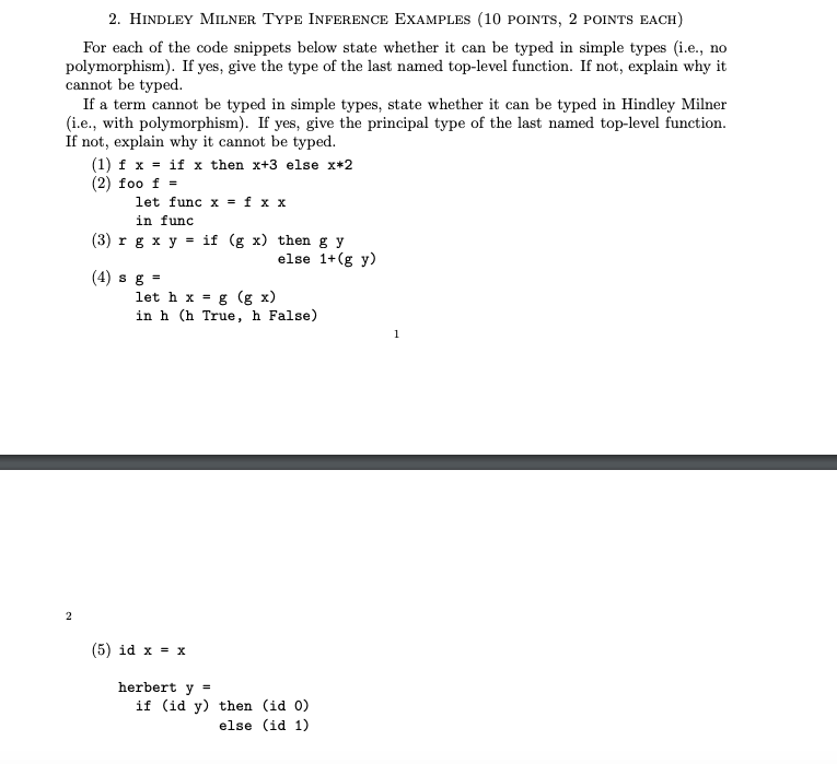 2. HINDLEY MILNER TYPE INFERENCE EXAMPLES (10 POINTS, | Chegg.com