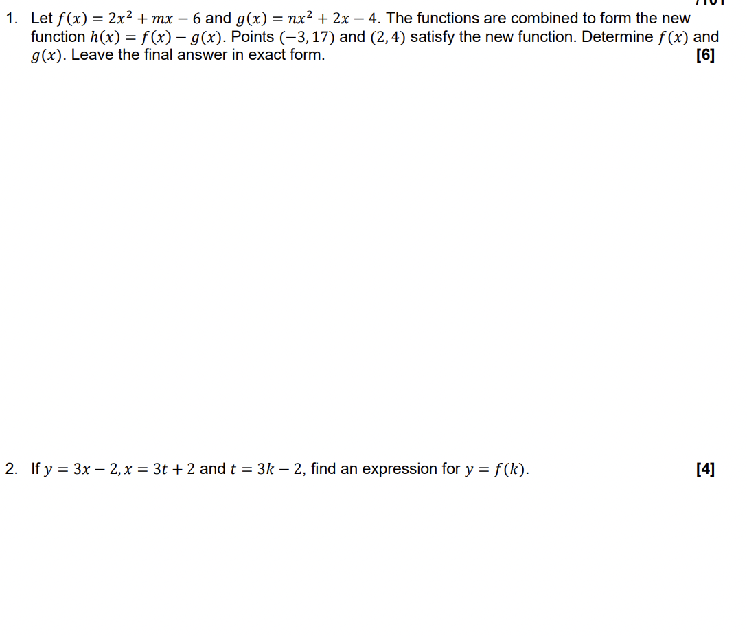 Solved 1. Let f(x)=2x2+mx−6 and g(x)=nx2+2x−4. The functions | Chegg.com