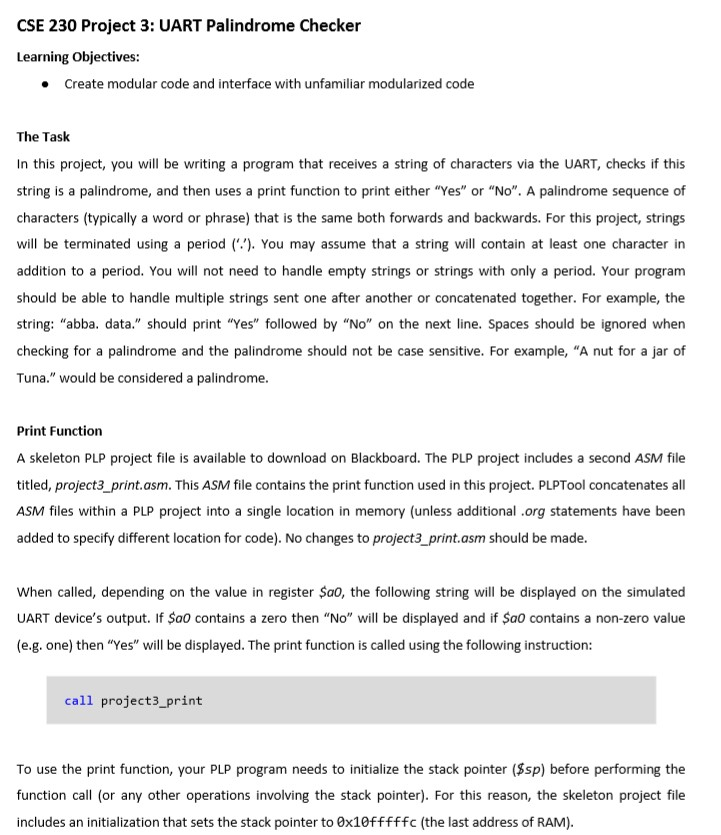 CSE 230 Project 3: UART Palindrome Checker Learning | Chegg.com