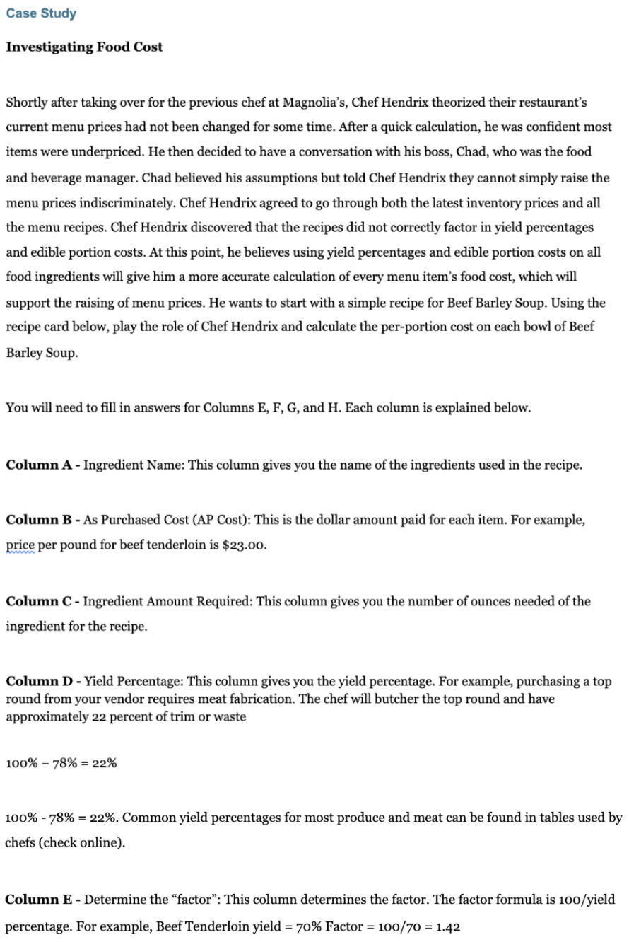 Case Study Investigating Food Cost Shortly after | Chegg.com