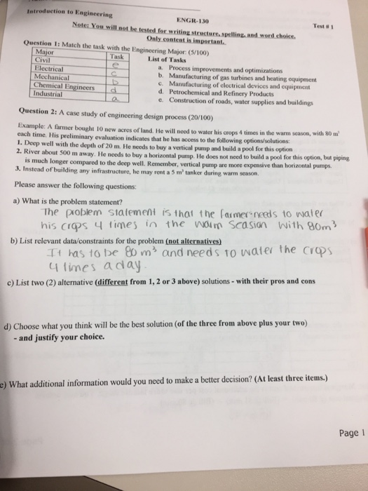 Introduction to Engineering ENGR-130 Test #1 Note: | Chegg.com